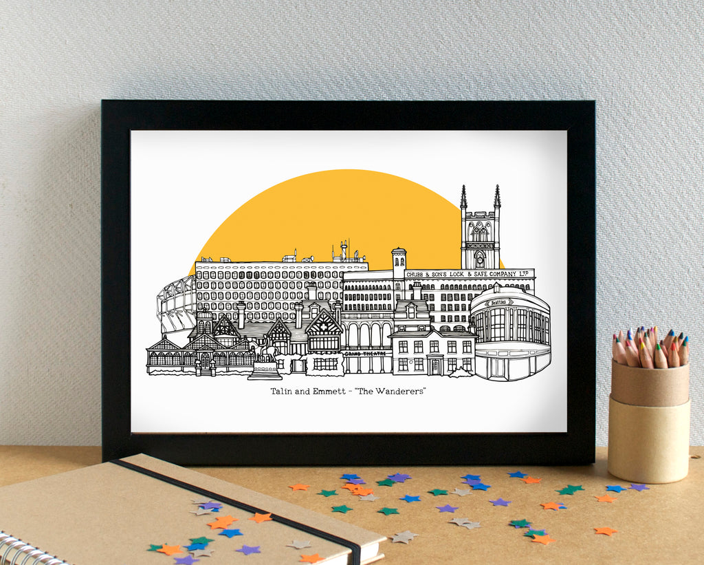 Wolverhampton Skyline Landmarks Art Print - featuring the Molineux Sta ...