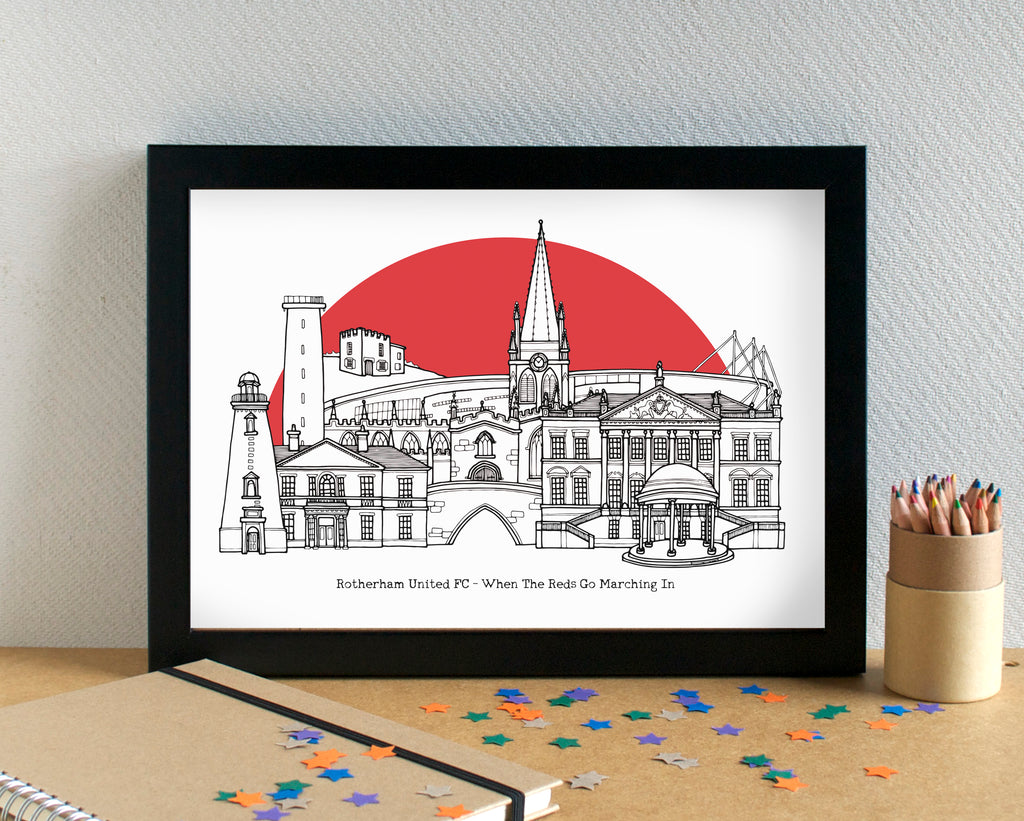 Rotherham Skyline Landmarks Art Print - featuring New York Stadium - c ...