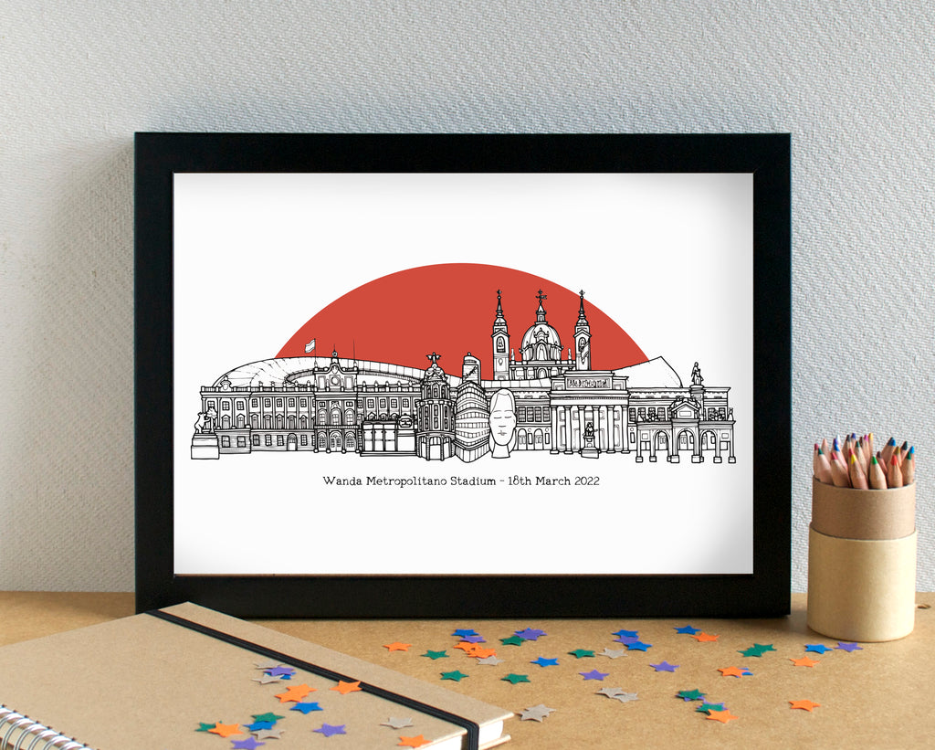 Madrid Skyline Landmarks Art Print - featuring Wanda Metropolitano Foo ...